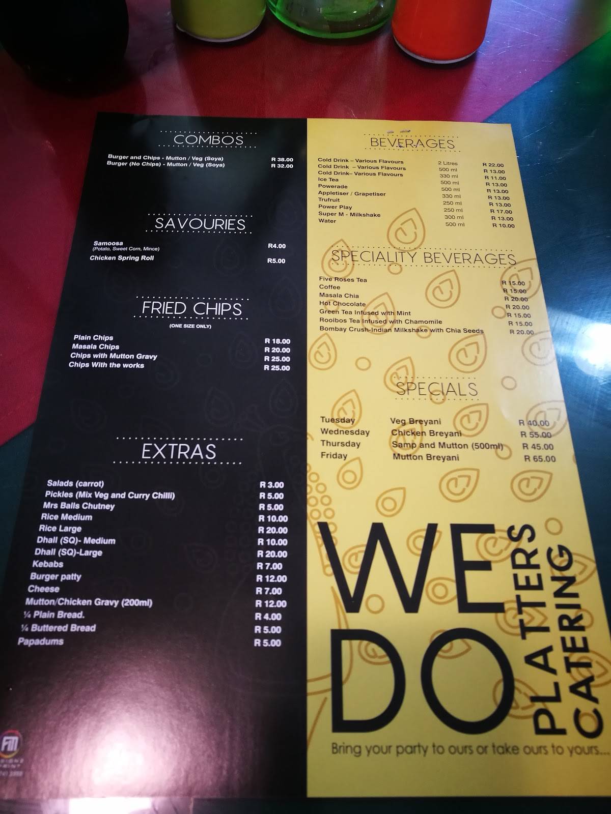 Menu at Gateway Curries restaurant, Durban