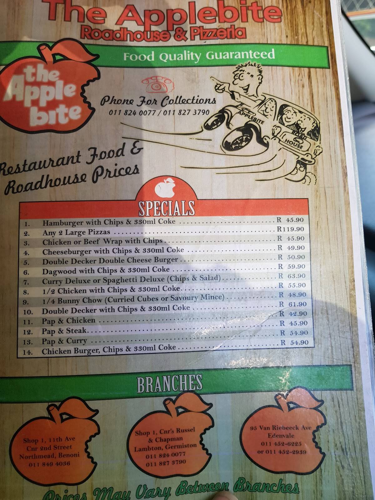 Menu at The Apple Bite Roadhouse & Pizzeria, Germiston