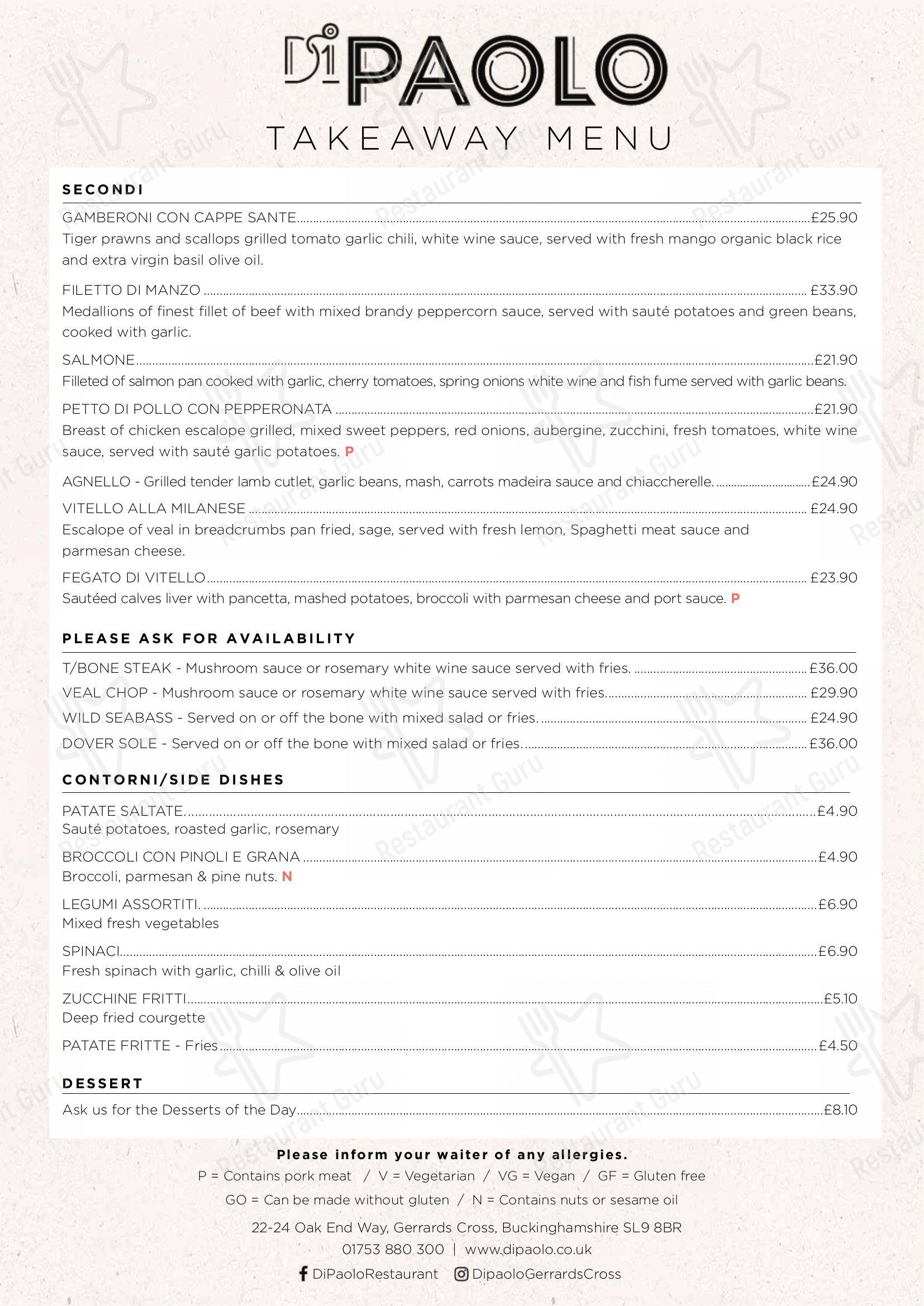 Menu at Di Paolo restaurant, Gerrards Cross
