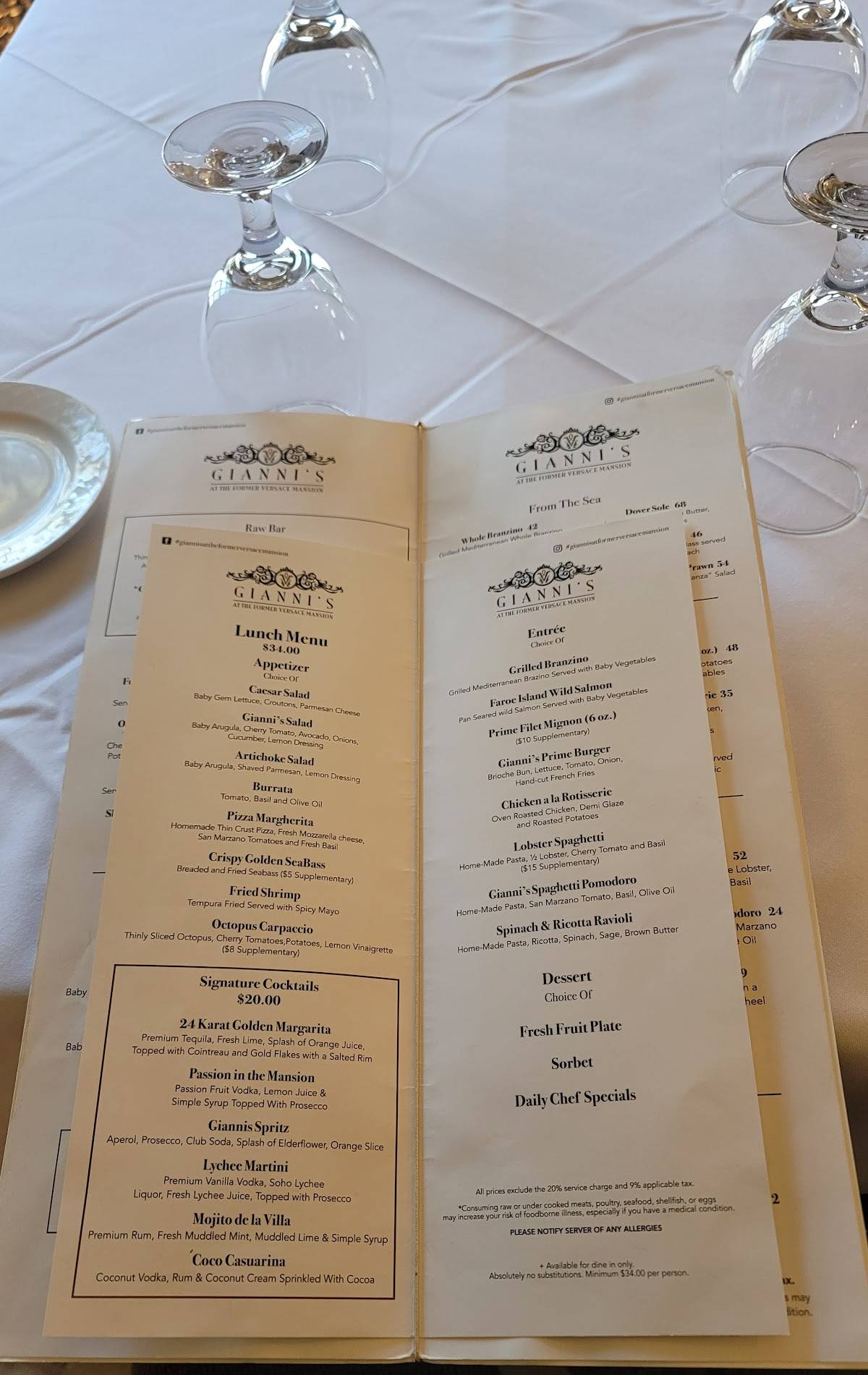 Menu at Gianni's At The Former Versace Mansion restaurant, Miami Beach