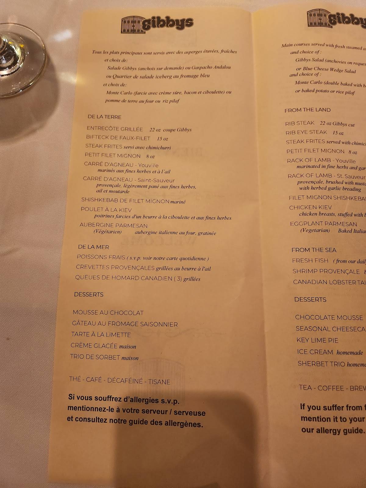 Menu at Gibbys steakhouse, Montréal