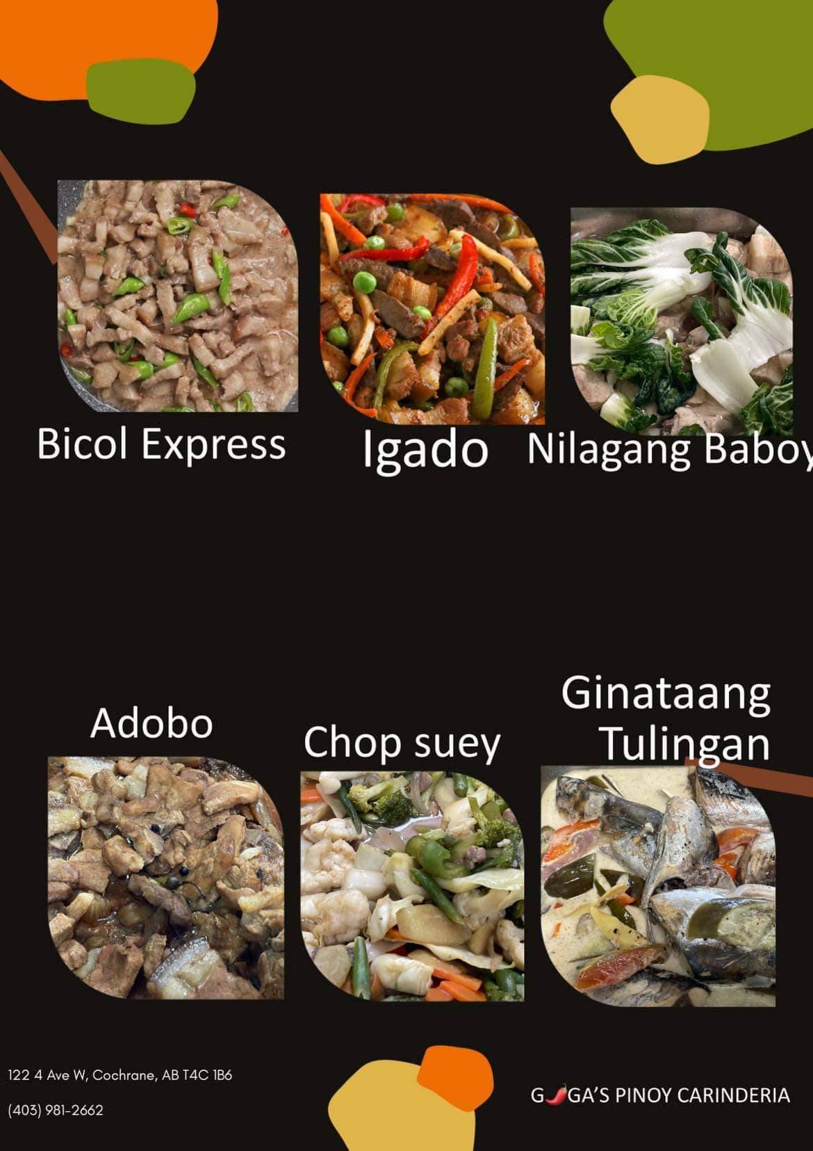 Menu au Giga's Pinoy Carinderia restaurant, Cochrane