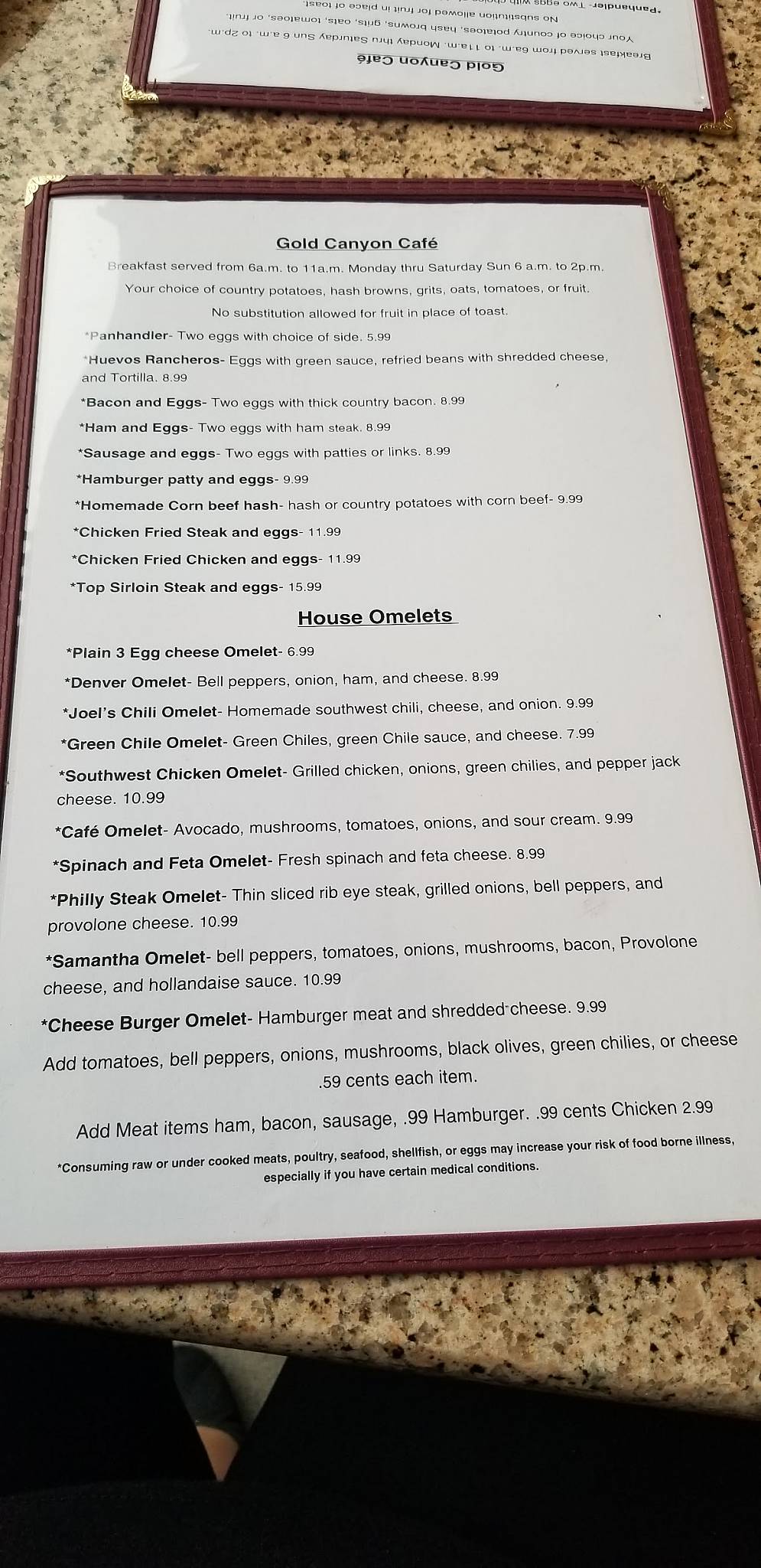 Menu at Gold Canyon Cafe, Gold Canyon, US-60 #107