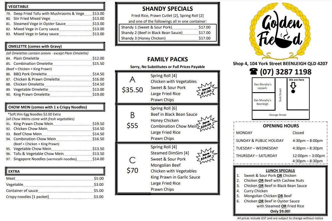 Menu at Golden Field Chinese Takeaway fast food, Beenleigh