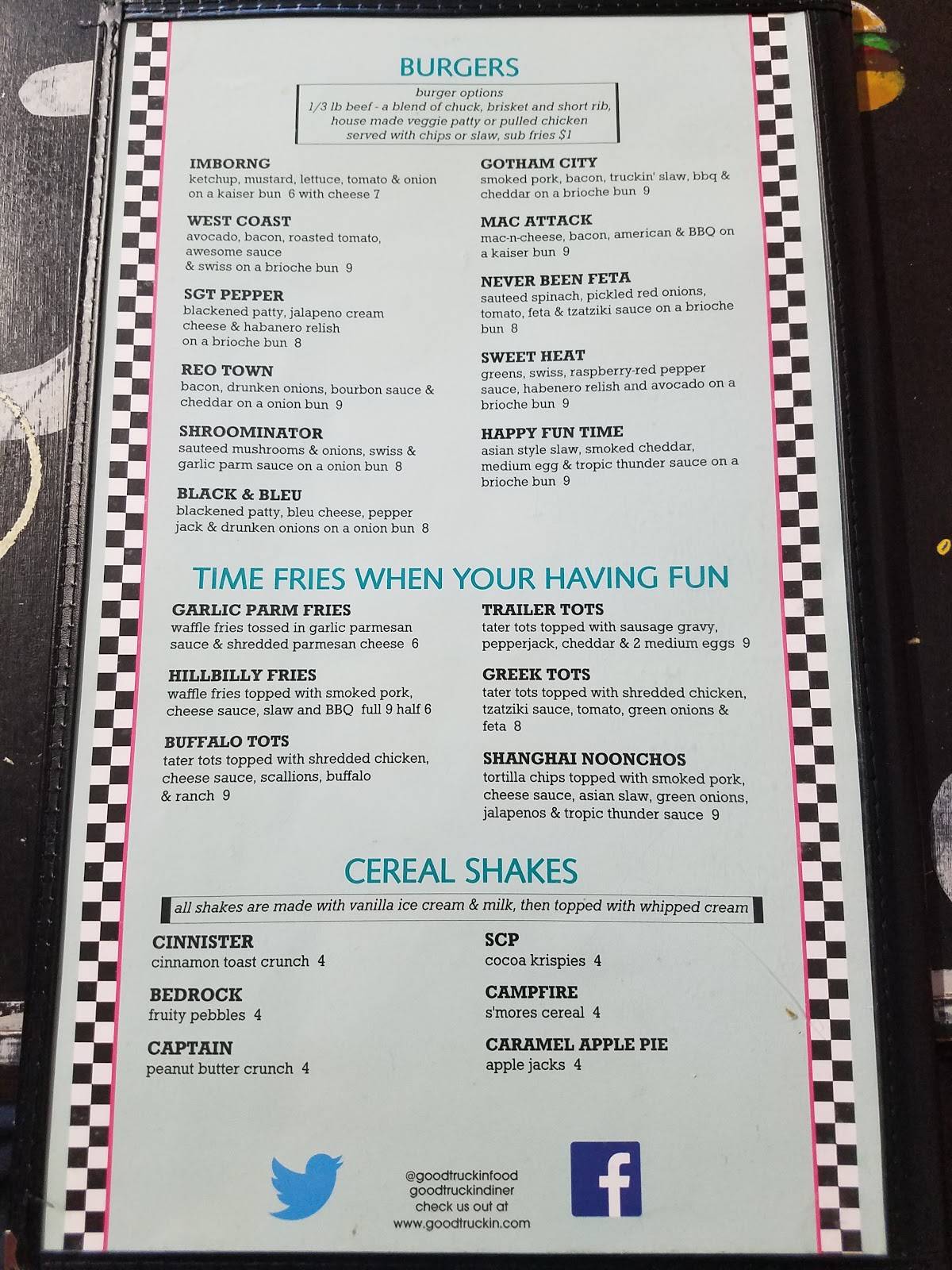 Menu at Good Truckin' Diner restaurant, Lansing