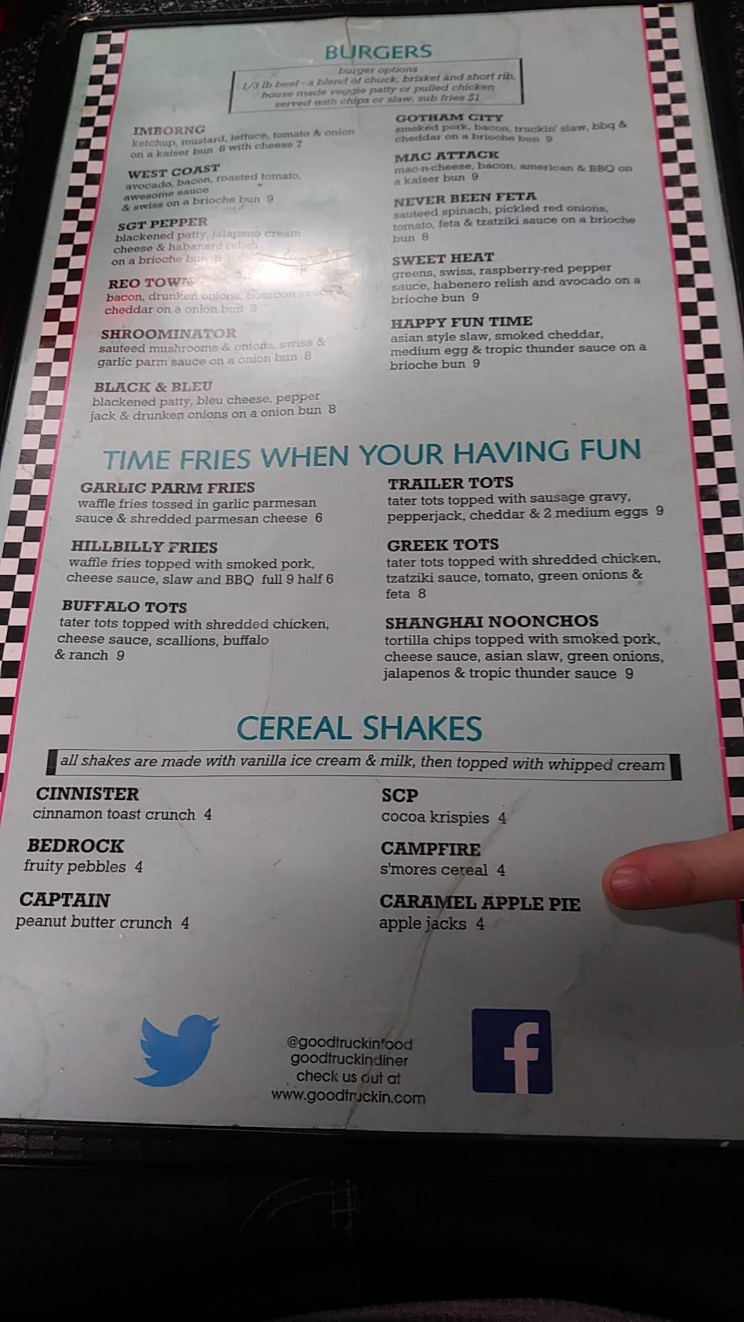 Menu at Good Truckin' Diner restaurant, Lansing