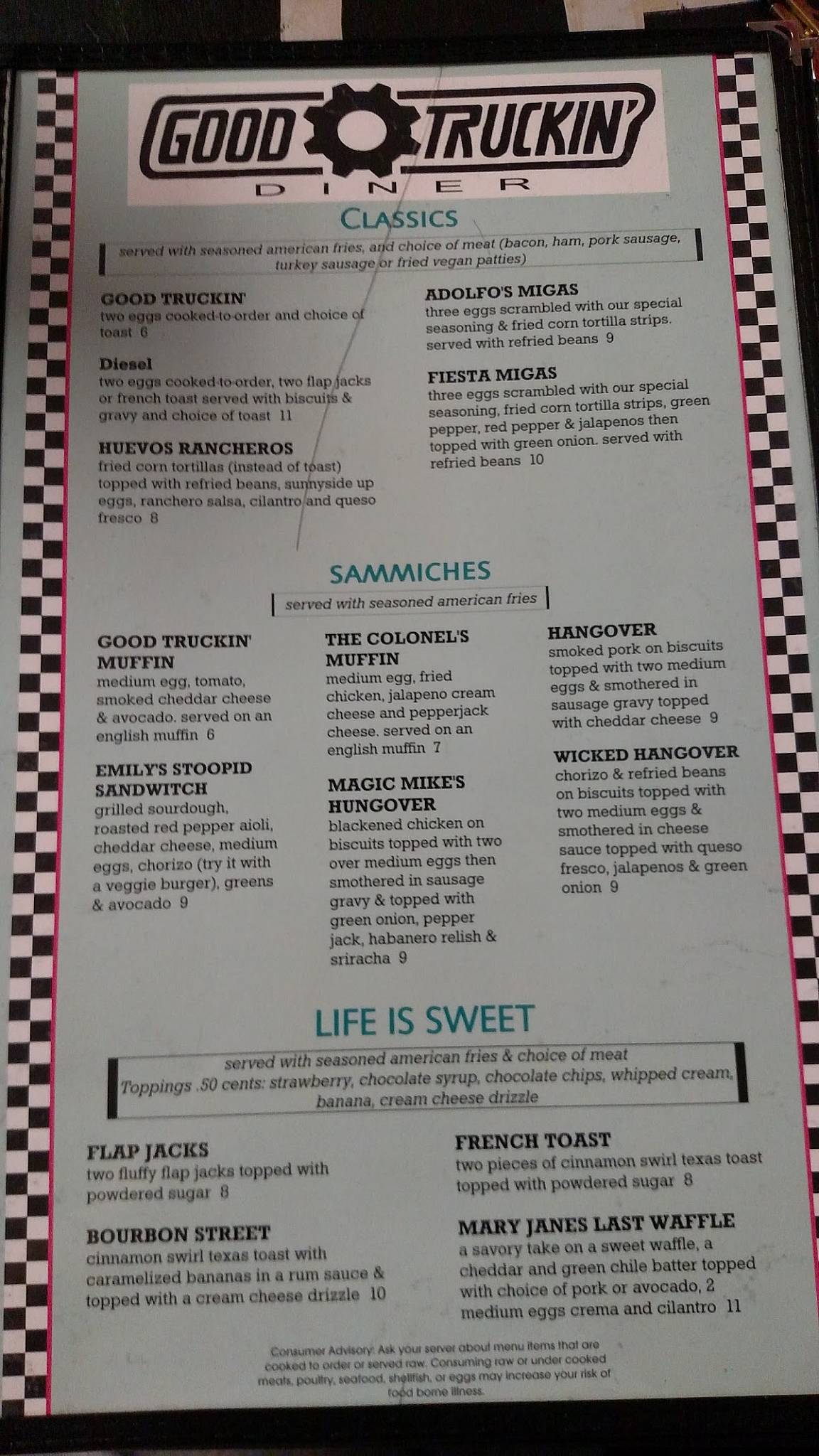 Menu at Good Truckin' Diner restaurant, Lansing