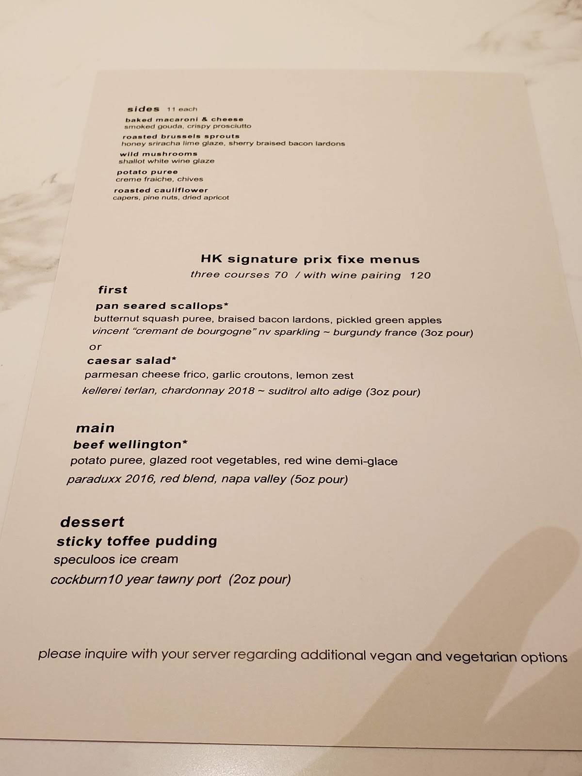 Menu at Gordon Ramsay Hell's Kitchen restaurant, Stateline
