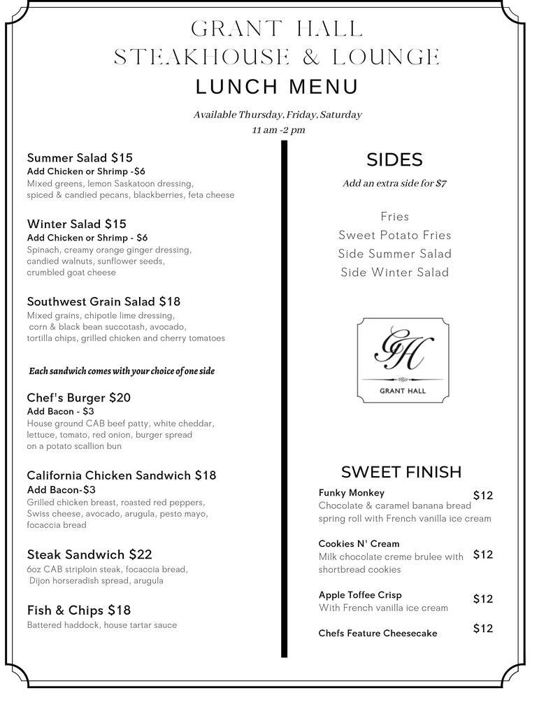 Menu at Grant Hall Dining Room & Lounge restaurant, Moose Jaw