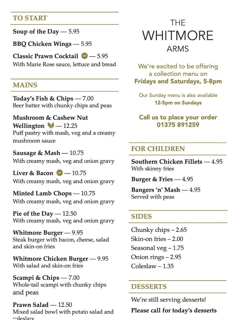 Menu at The Whitmore Arms pub & bar, Grays, The Whitmore Arms