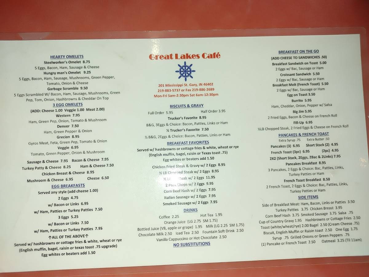 Menu at Great Lakes Cafe, Gary