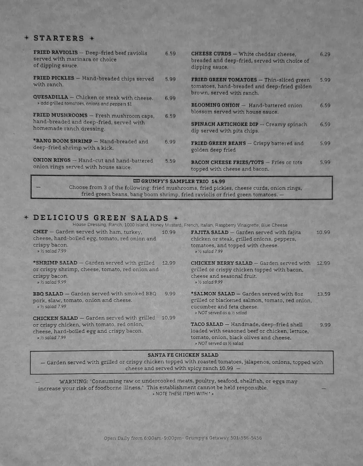 Menu at Grumpy's Getaway restaurant, Rose Bud, 442 AR-5