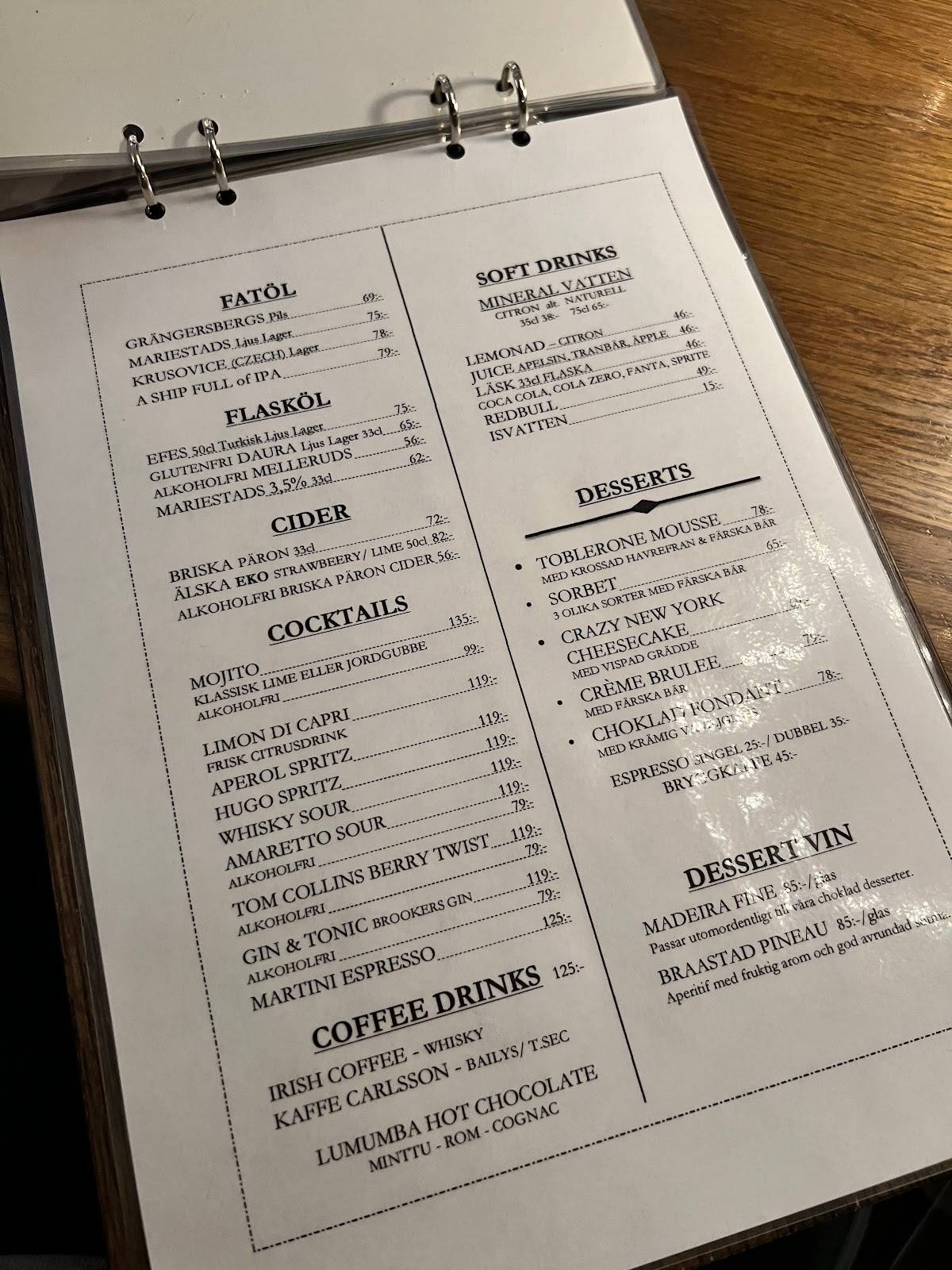 Menu at Gustav Adolf cafe, Malmö