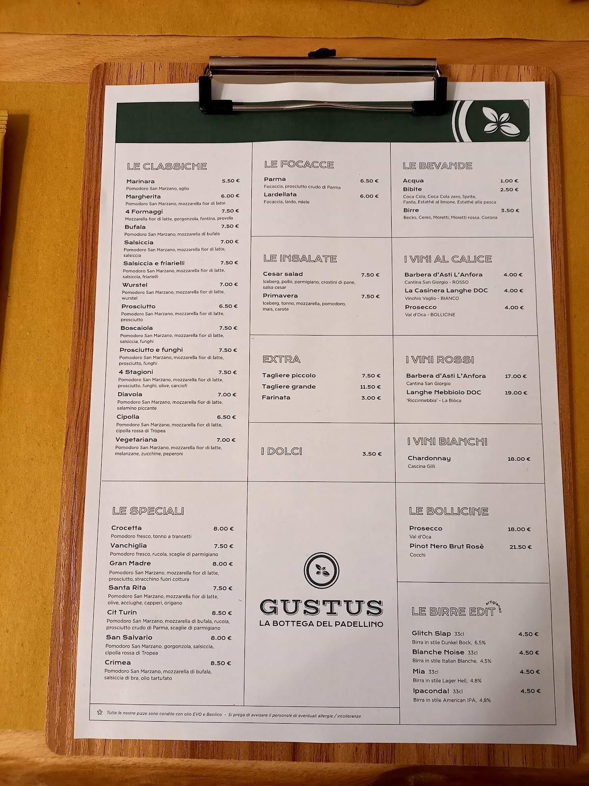 Menu da Gustus La Bottega del Padellino ristorante, Torino