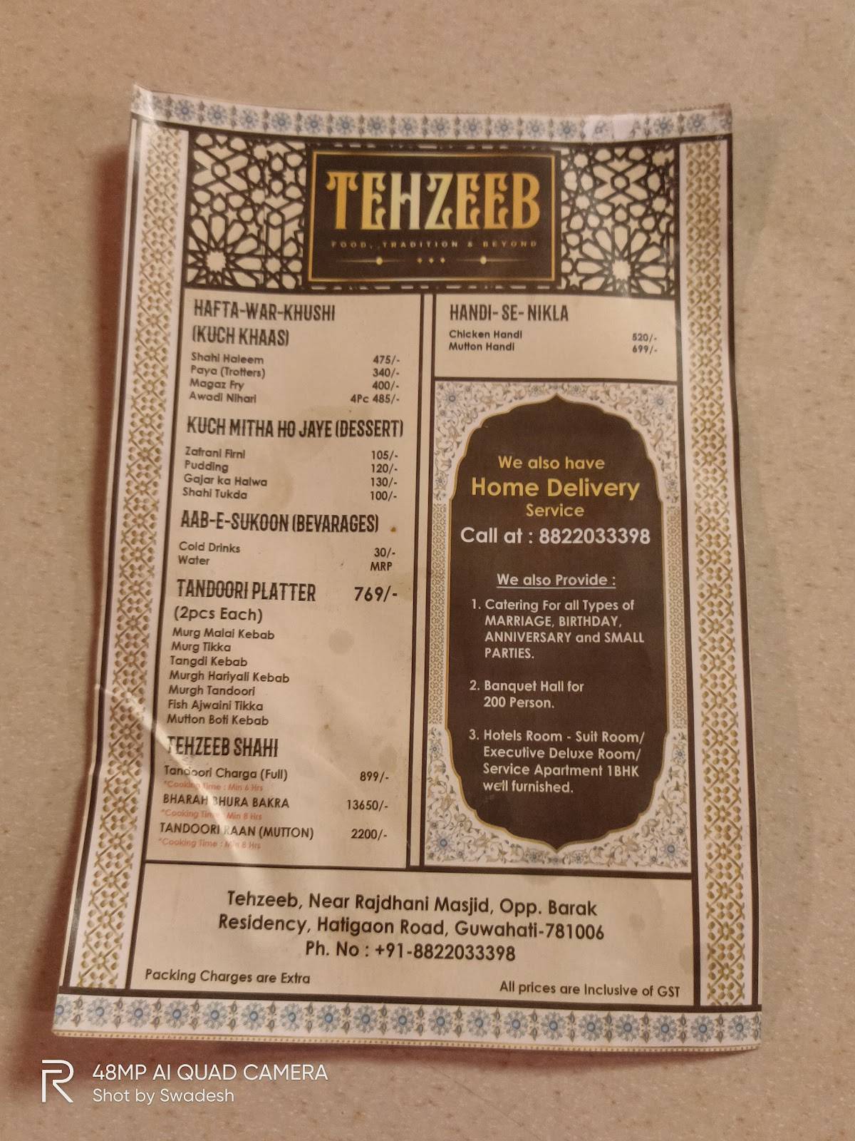 Menu at Tehzeeb, Guwahati, Hatigaon Main Rd