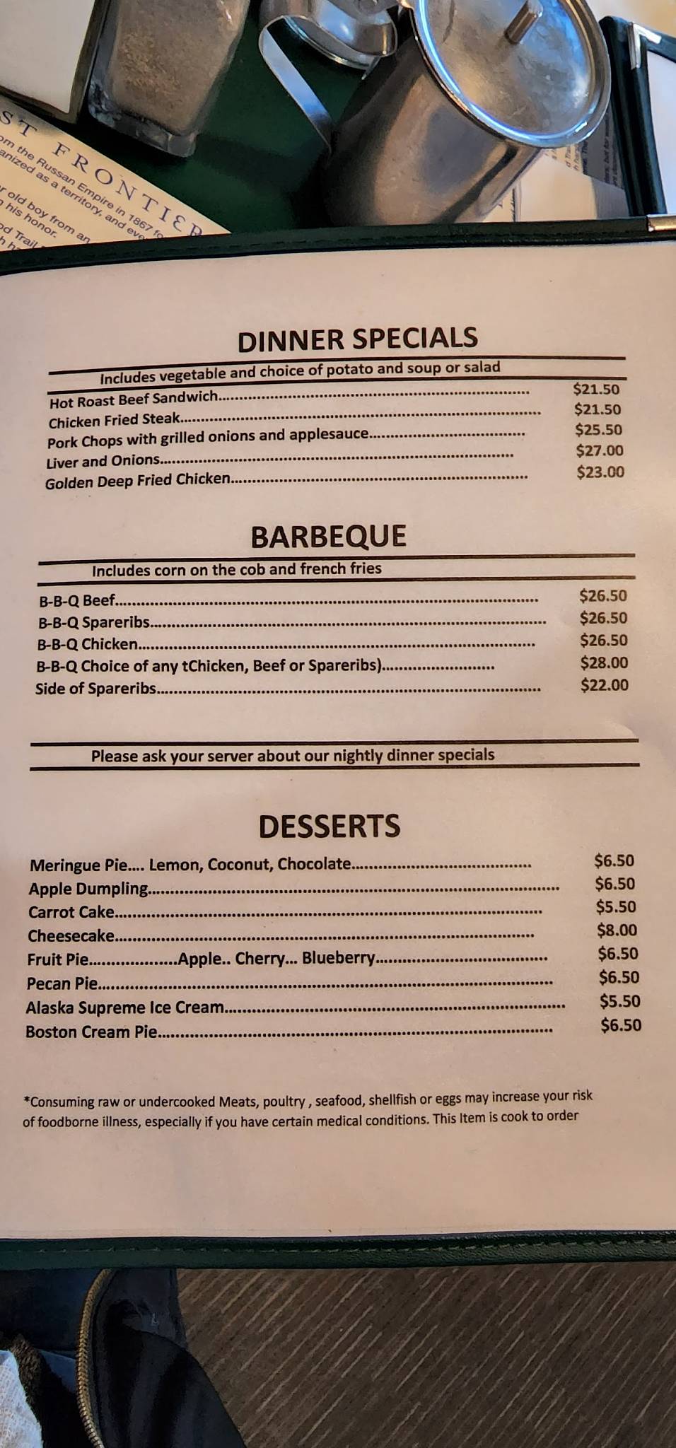 Menu at Gwennie's Old Alaska Restaurant, Anchorage