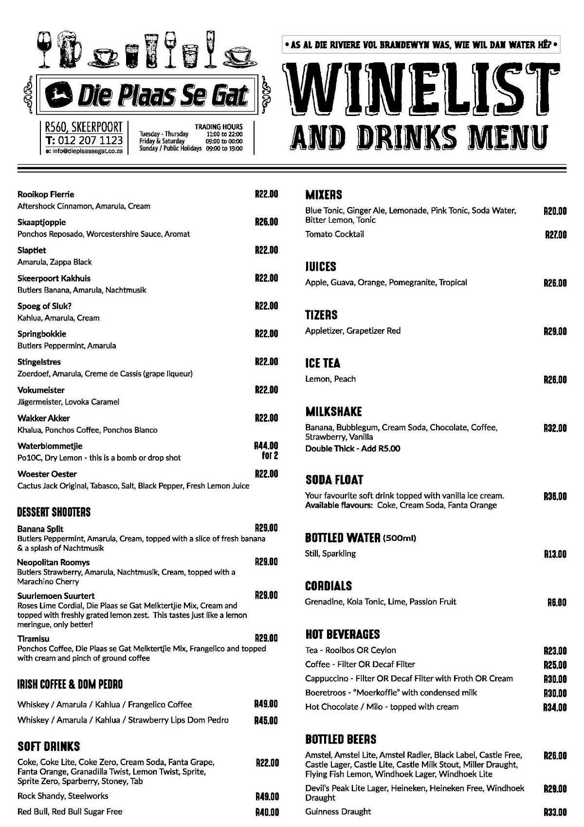 Menu at Die Plaas se Gat Restaurant, Hartbeespoort, Road 4048 R560 ...