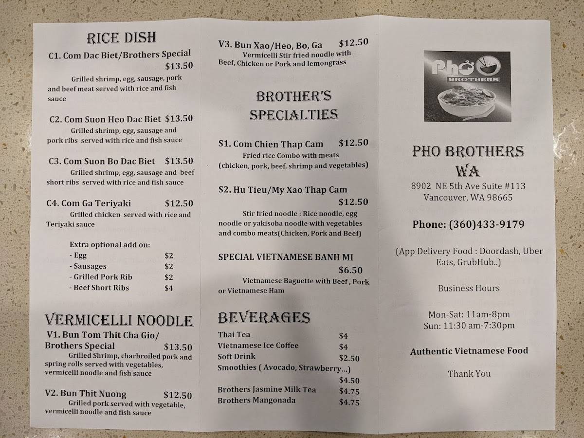 Menu at Pho Brothers WA restaurant, Vancouver