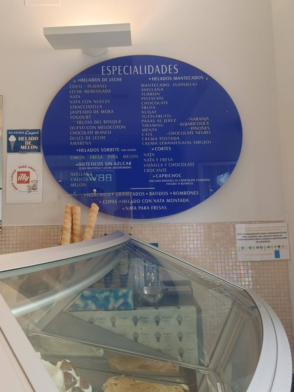 Menu at Heladería Capri restaurant, Santander