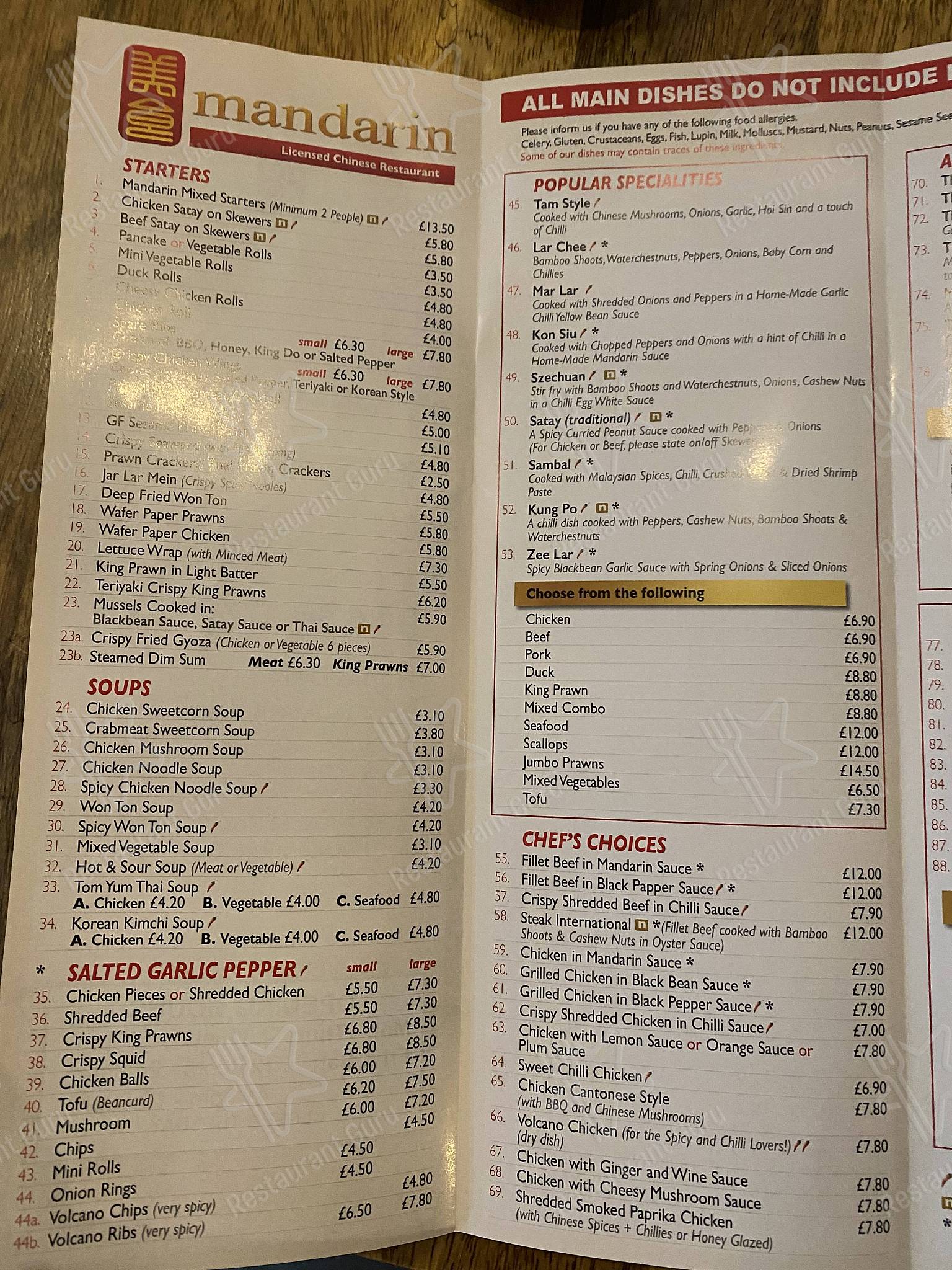 Menu at Mandarin restaurant, Helensburgh