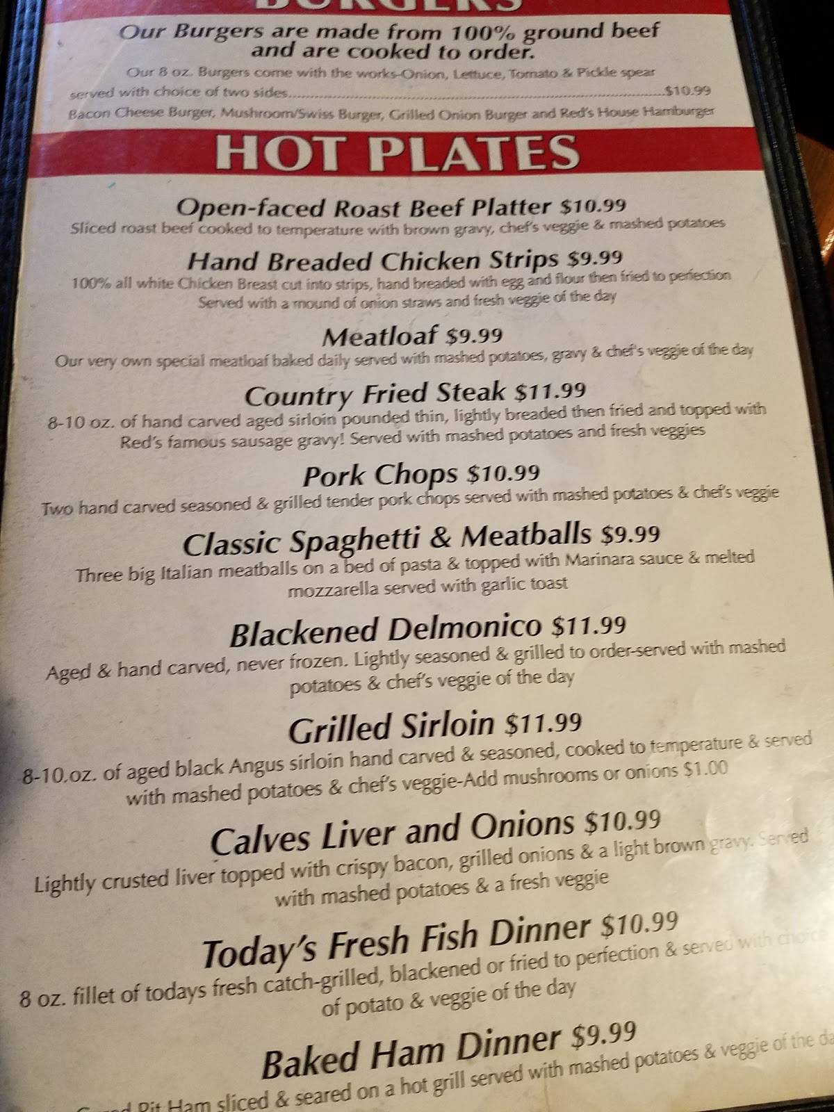 Menu at Red's Restaurant, Hernando