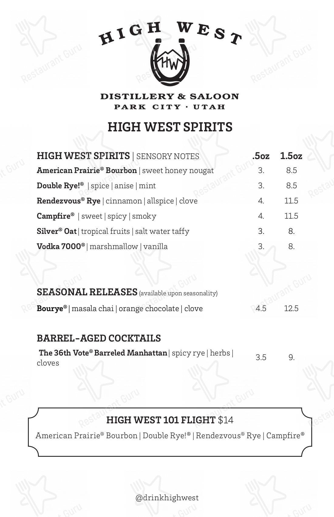Menu at High West Saloon pub & bar, Park City