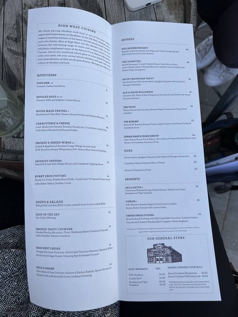 Menu at High West Saloon pub & bar, Park City