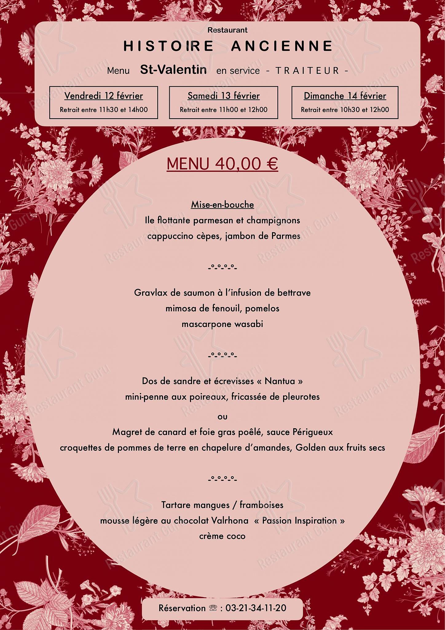 Menu au Restaurant Histoire Ancienne Calais, Calais