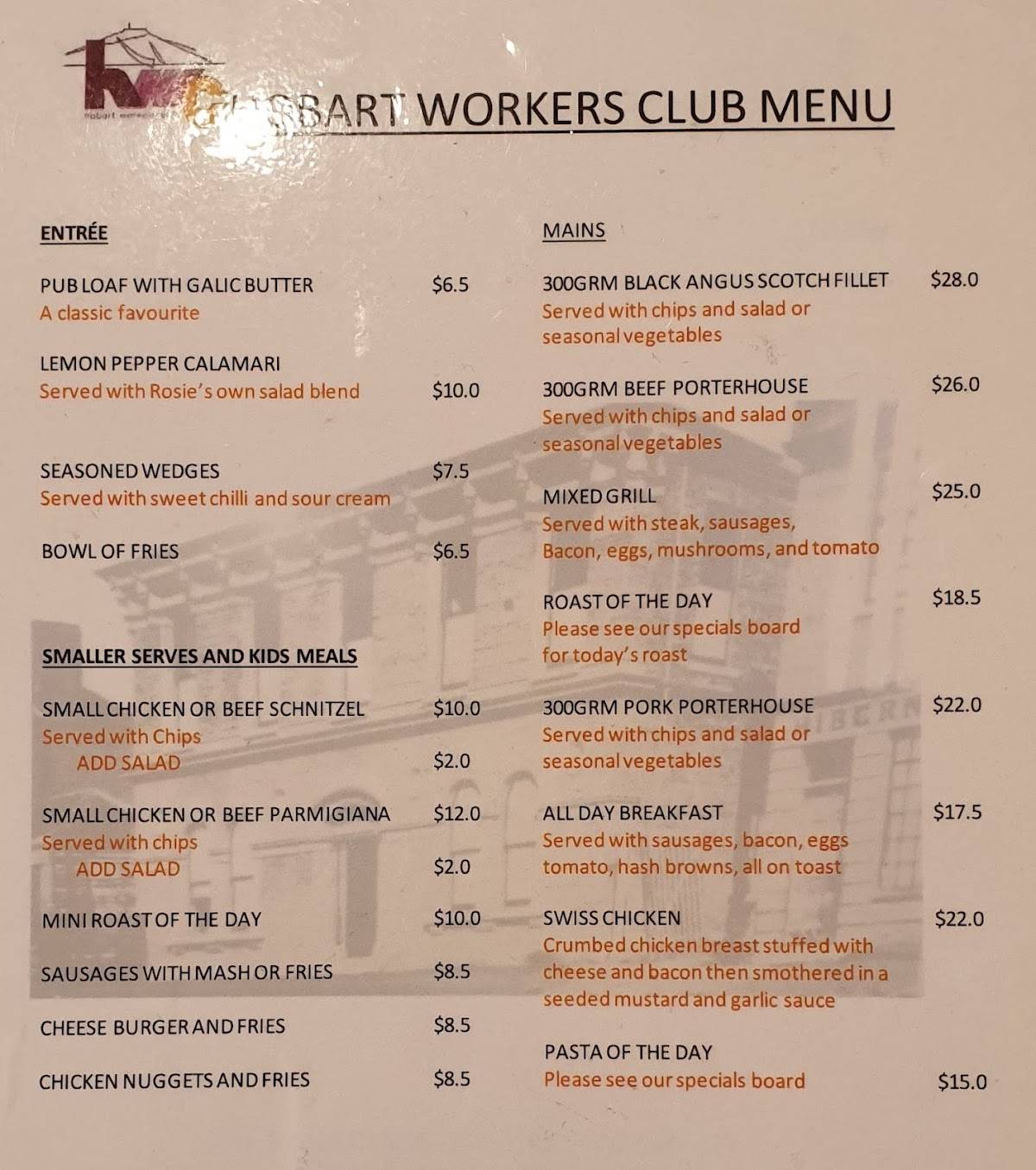 Menu at Hobart Workers Club, Hobart
