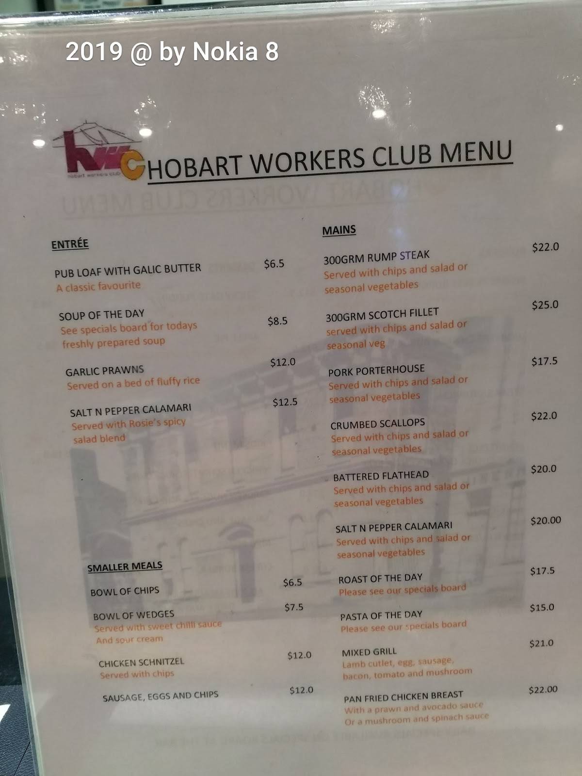 Menu at Hobart Workers Club, Hobart