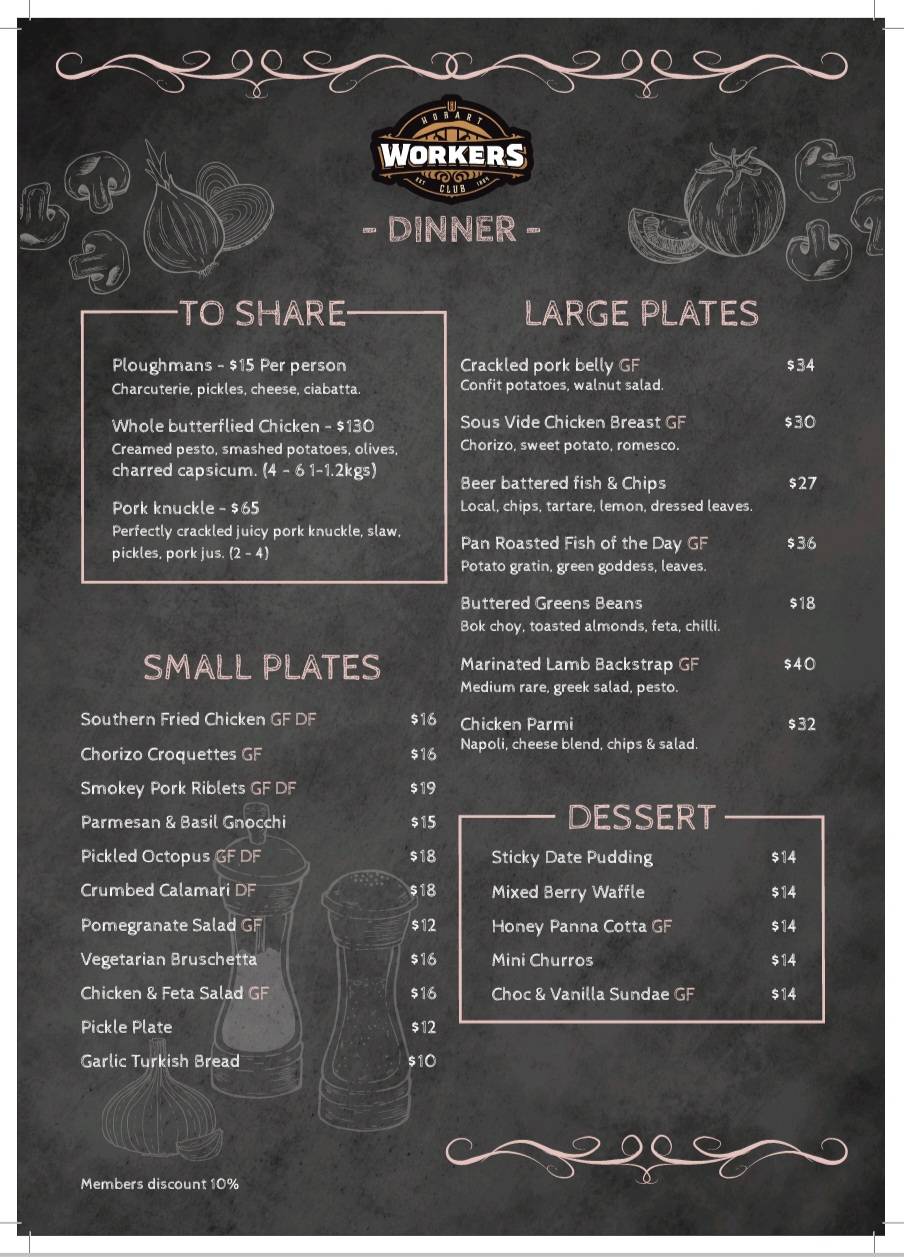 Menu at Hobart Workers Club, Hobart
