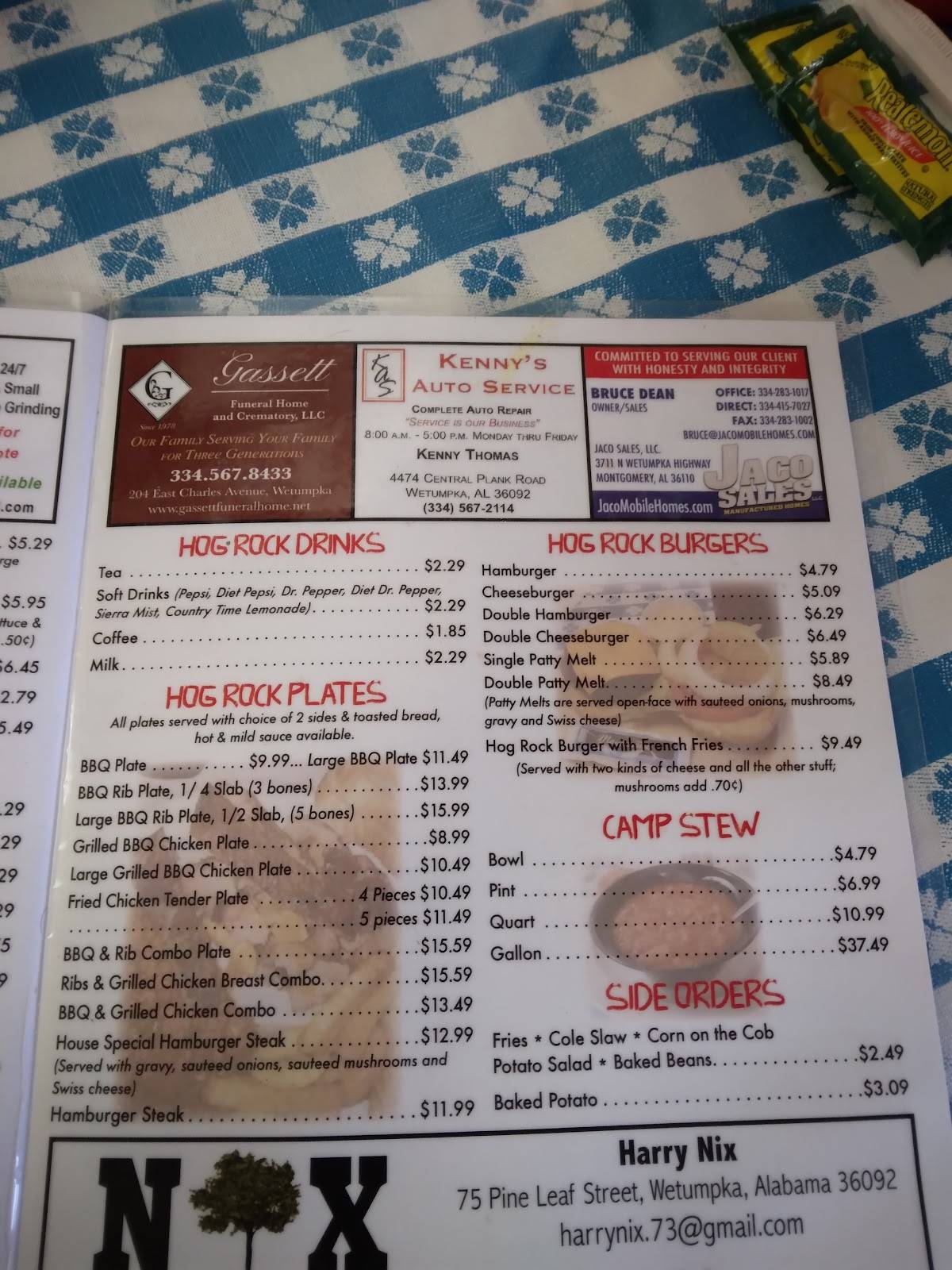Menu at Hog Rock Bar-B-Q, Wetumpka