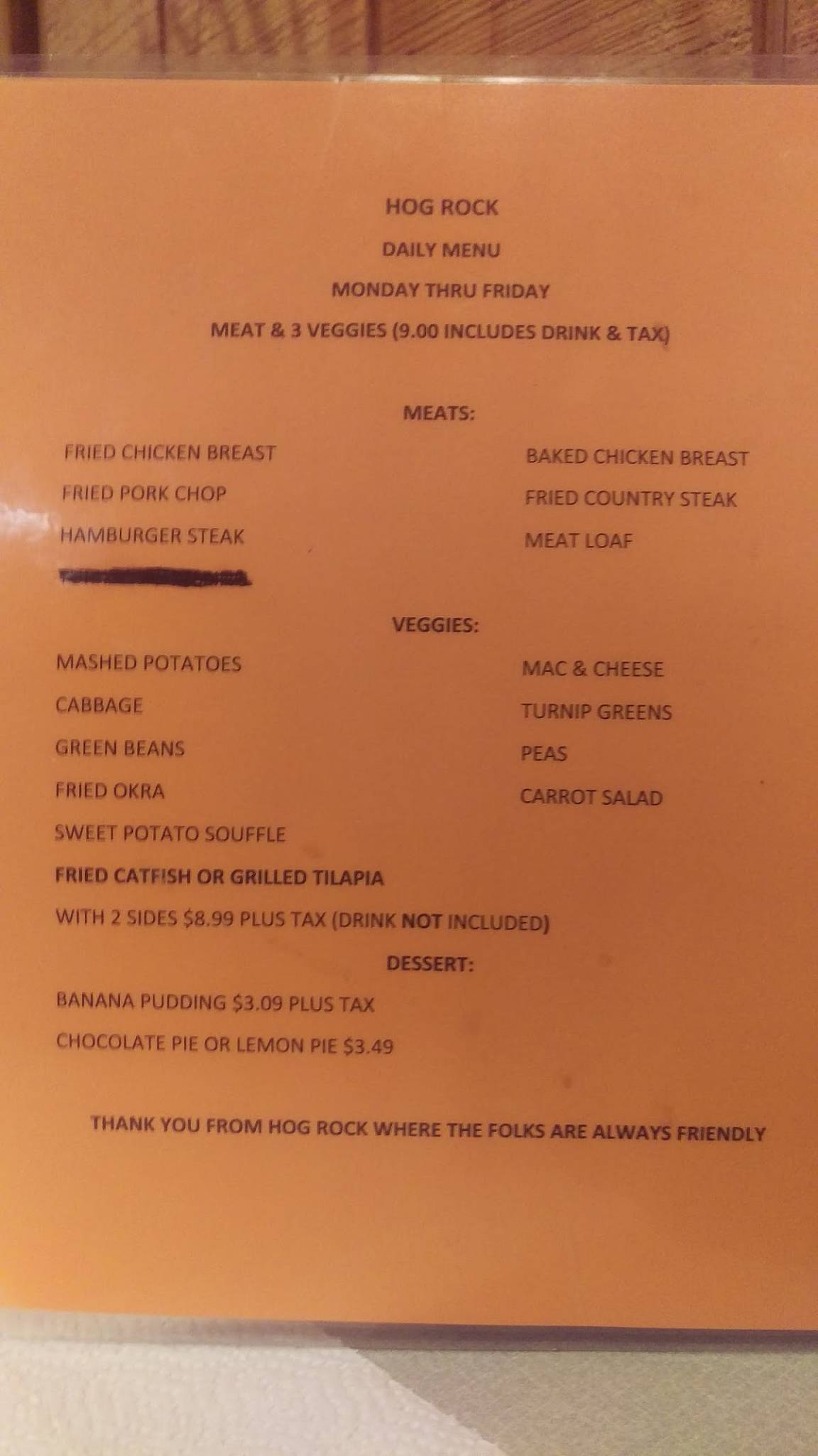 Menu at Hog Rock Bar-B-Q, Wetumpka