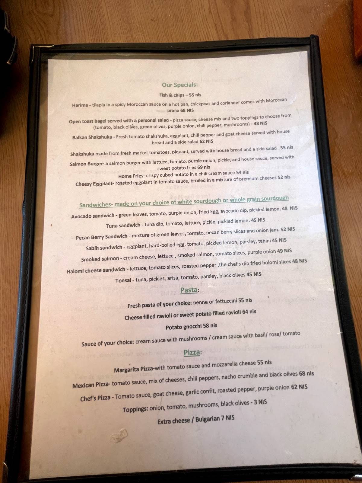 Menu at Holy Cafe, Jerusalem, Tif'eret Israel St 16