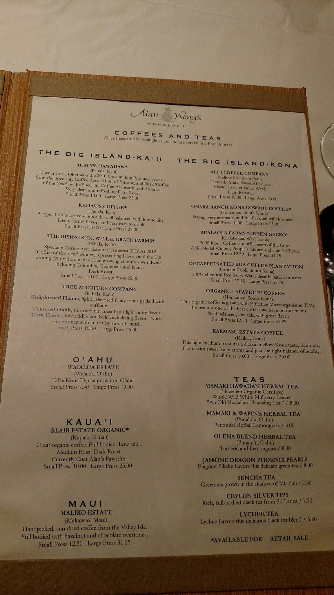 Menu at Alan Wong's Honolulu restaurant, Honolulu