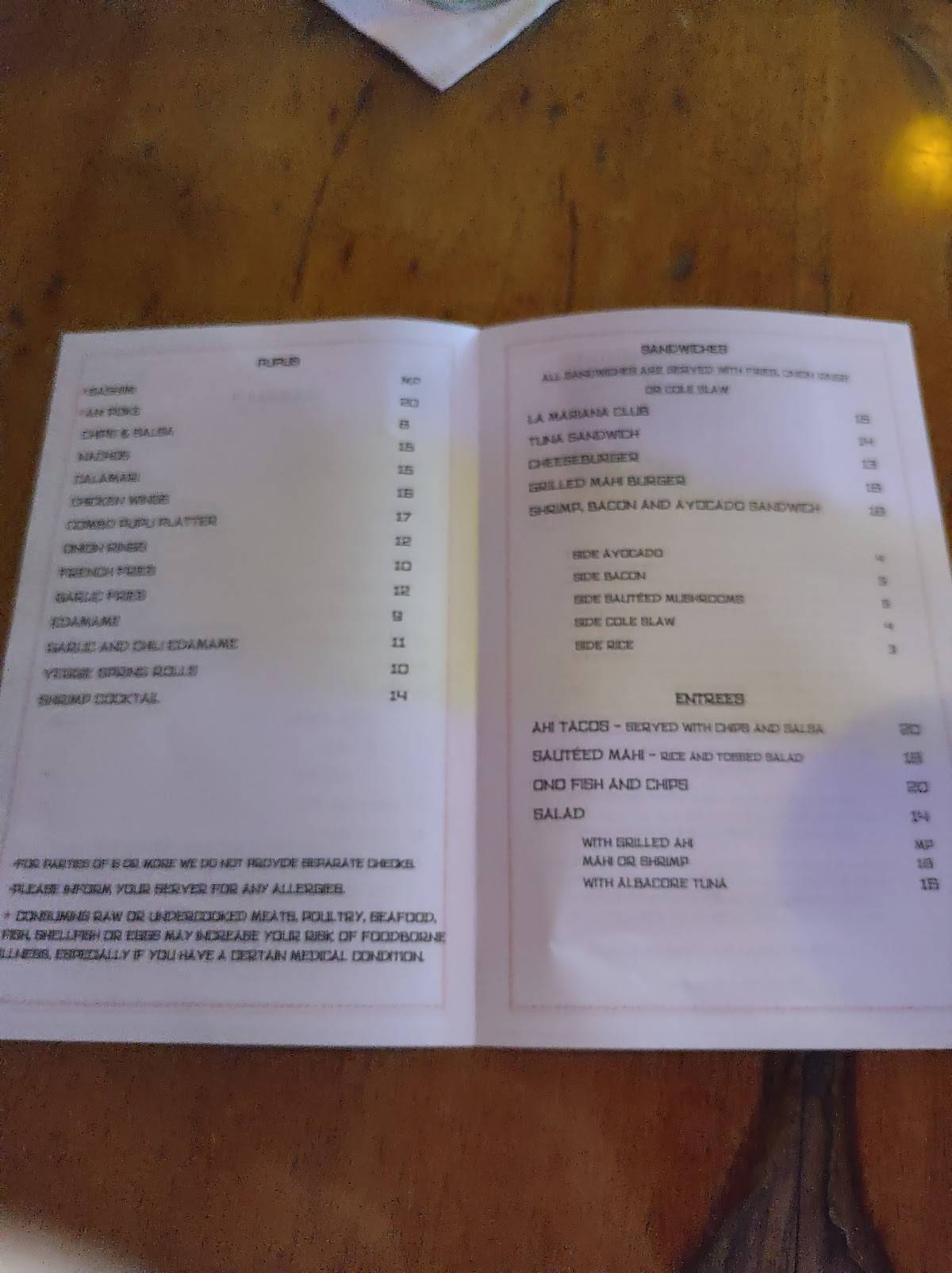 Menu at La Mariana Sailing Club, Honolulu, 50 Sand Island Access Rd