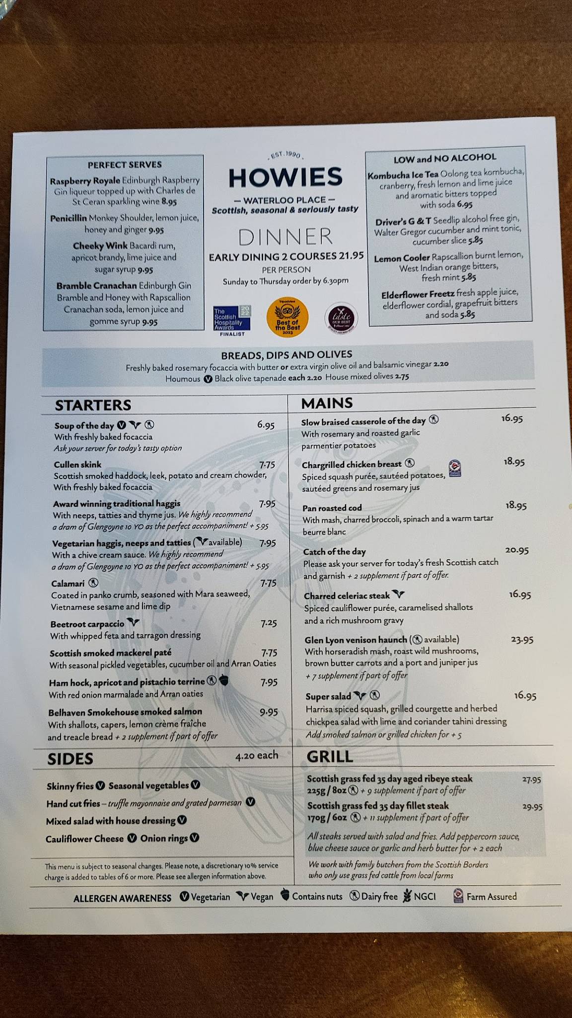 Menu at Howies Restaurant Waterloo Place, Edinburgh, Waterloo Place