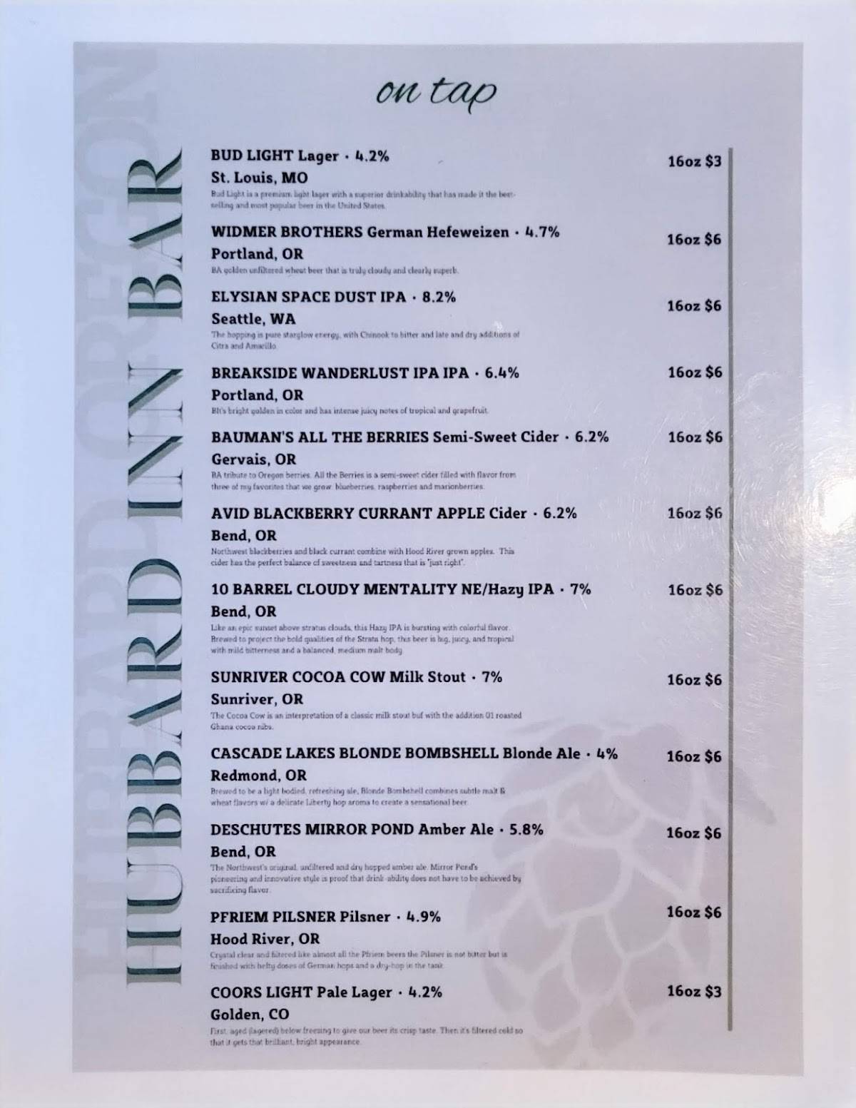 Menu at Hubbard Inn, Hubbard