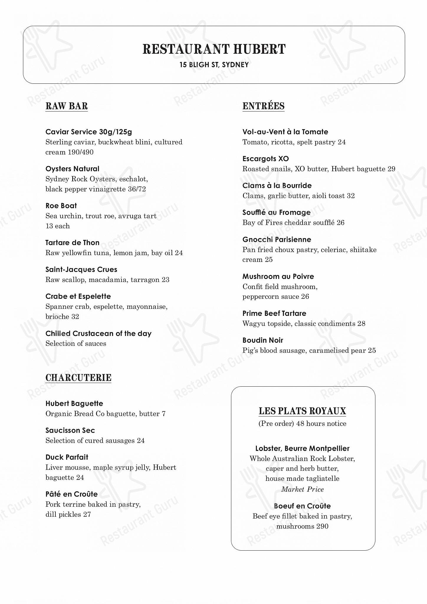 Menu at Restaurant Hubert, Sydney
