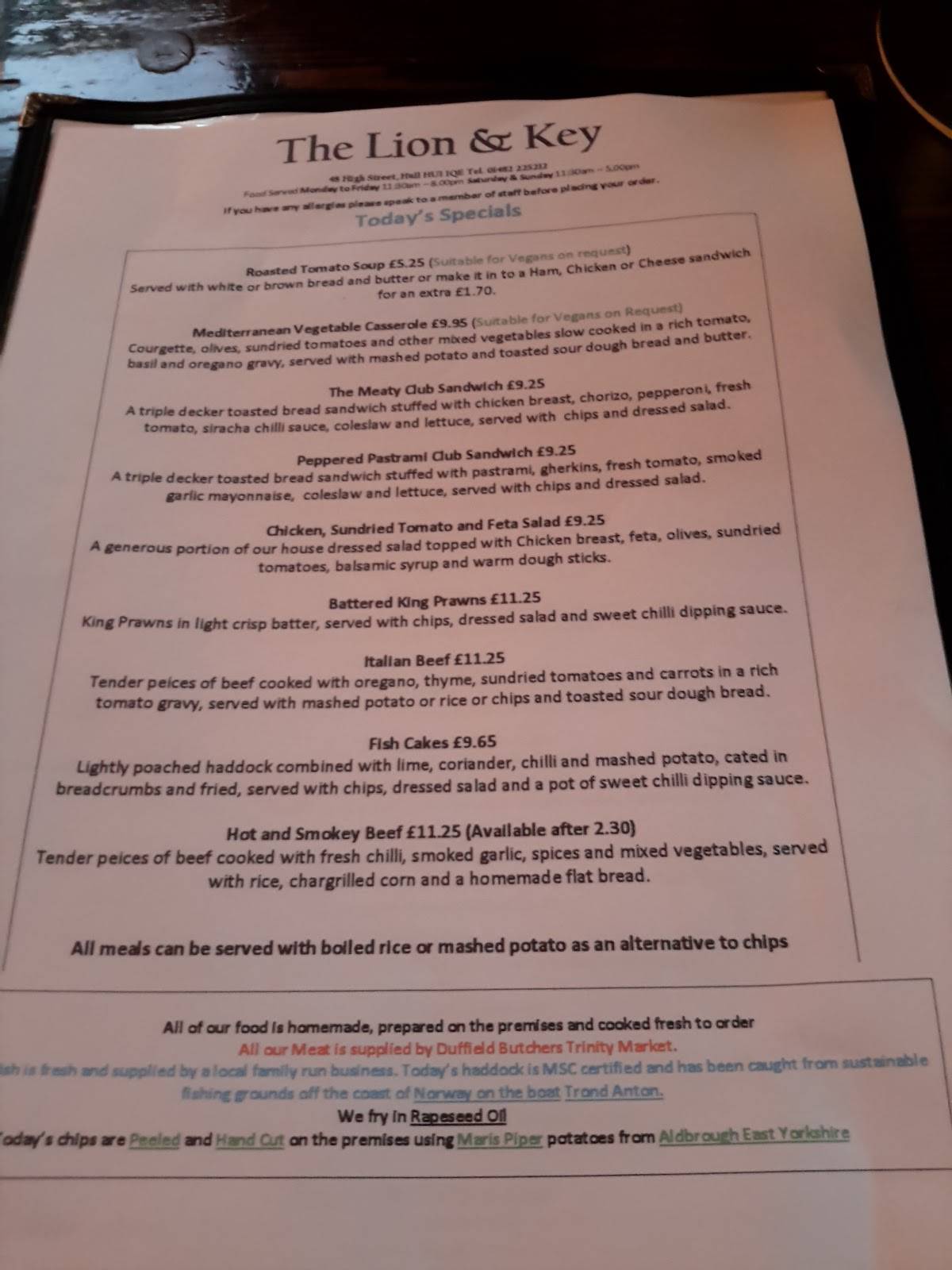Menu at The Lion & Key pub & bar, Hull
