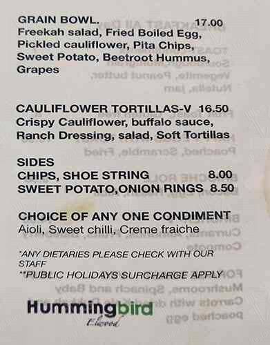 Menu at Hummingbird Elwood cafe, Elwood