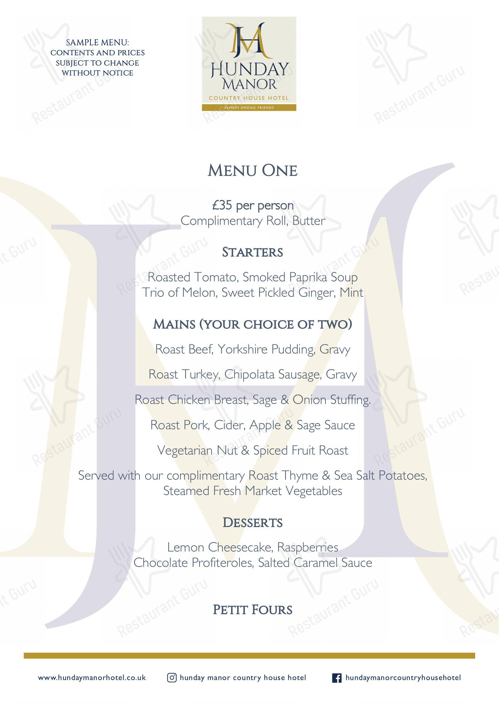 Menu at Hunday Manor Country House Hotel restaurant, Workington