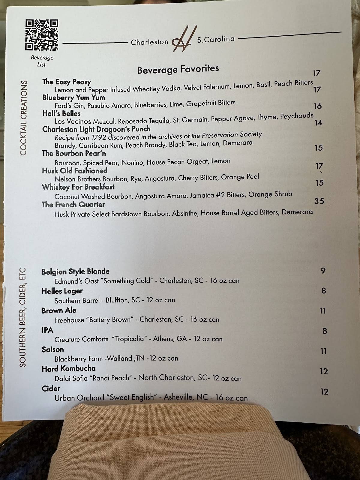 Menu at Husk restaurant, Charleston, 76 Queen St