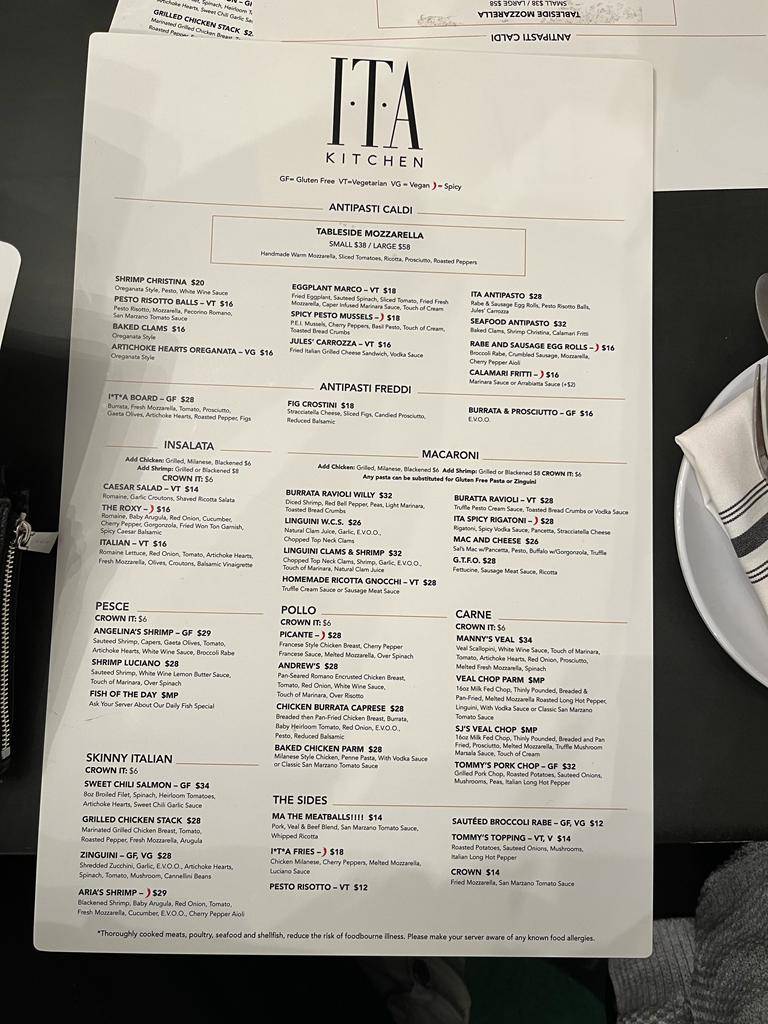 Menu at ITA Kitchen restaurant, Bay Shore