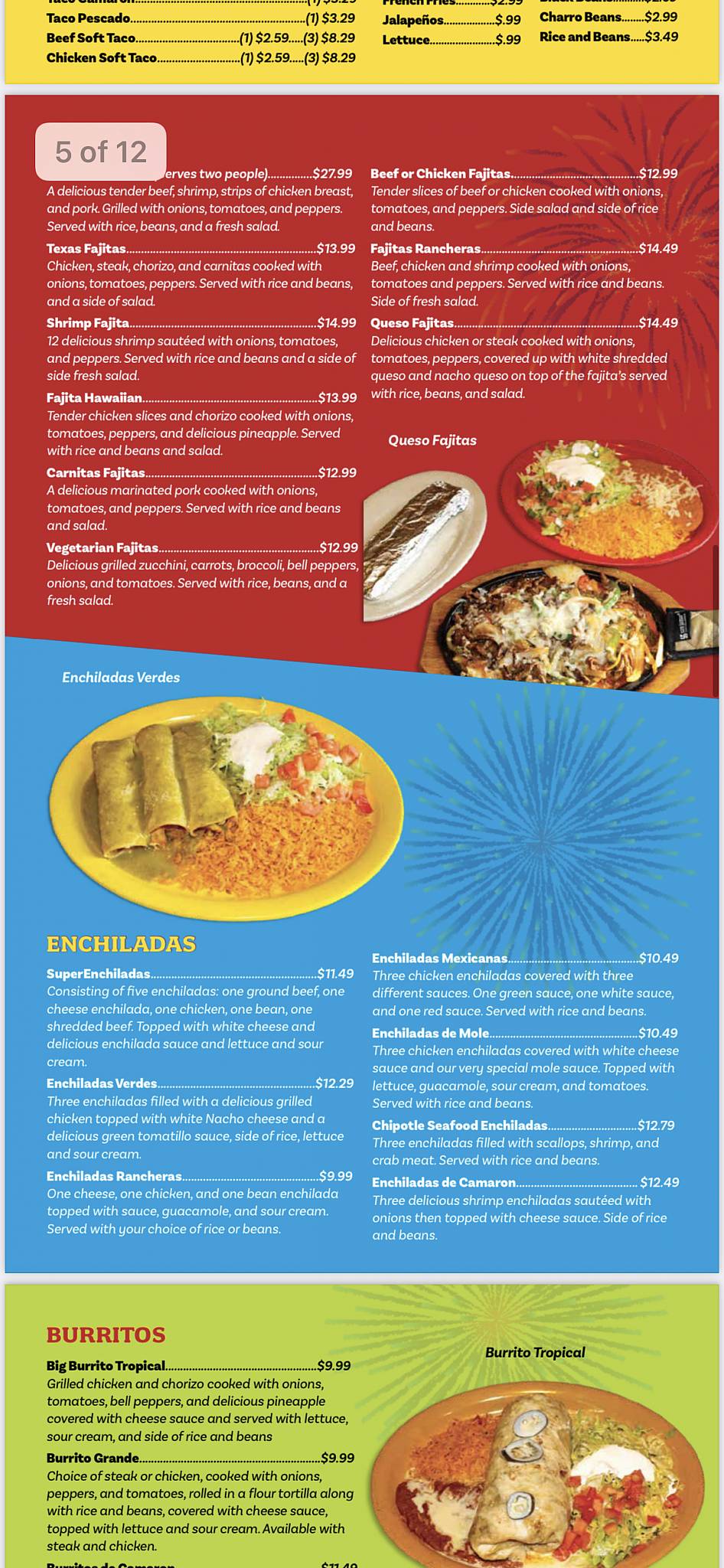 Menu at Iguana's Mexican restaurant, Plainfield