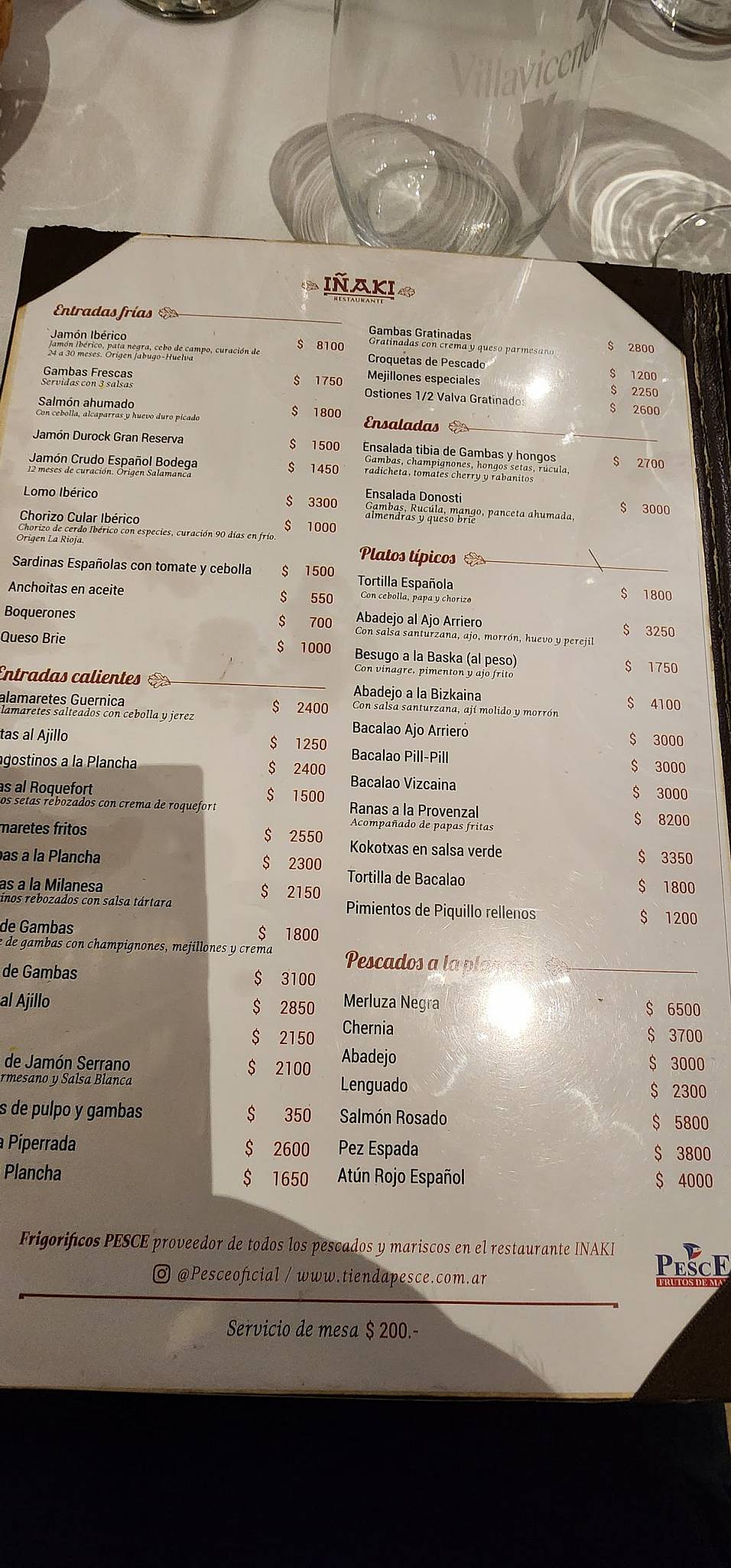 Carta de Iñaki Restaurante, Buenos Aires