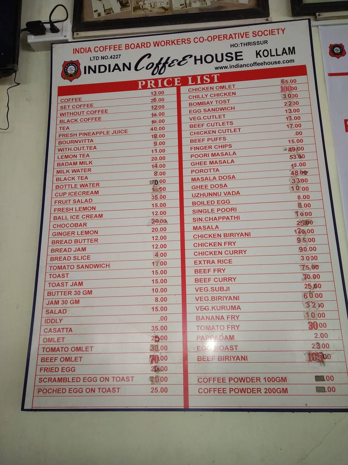 Menu at Indian Coffee House, Kollam, Kollam, VHQP+VMR