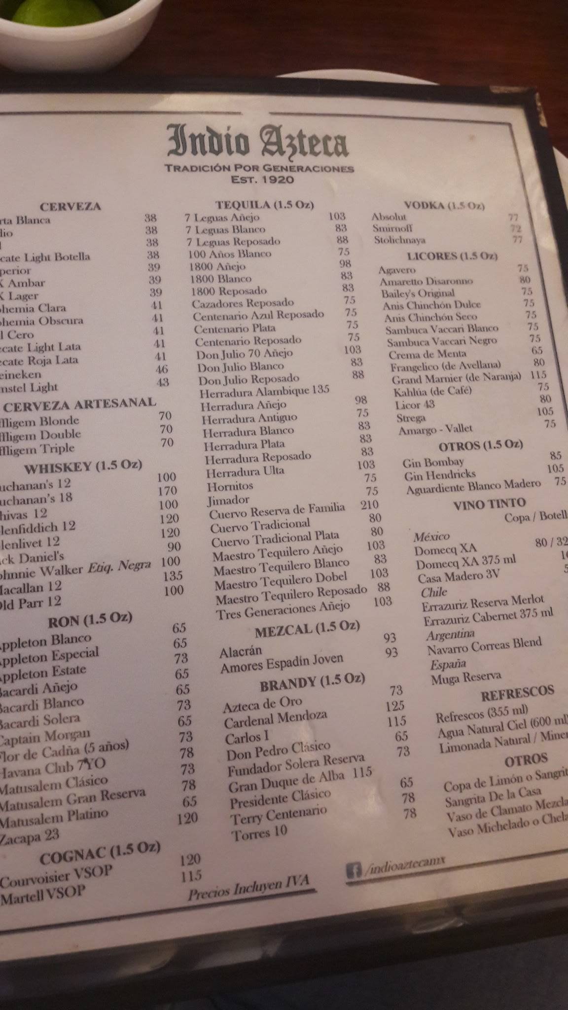 Carta del pub y bar Indio Azteca, Monterrey, Avenida Francisco I ...