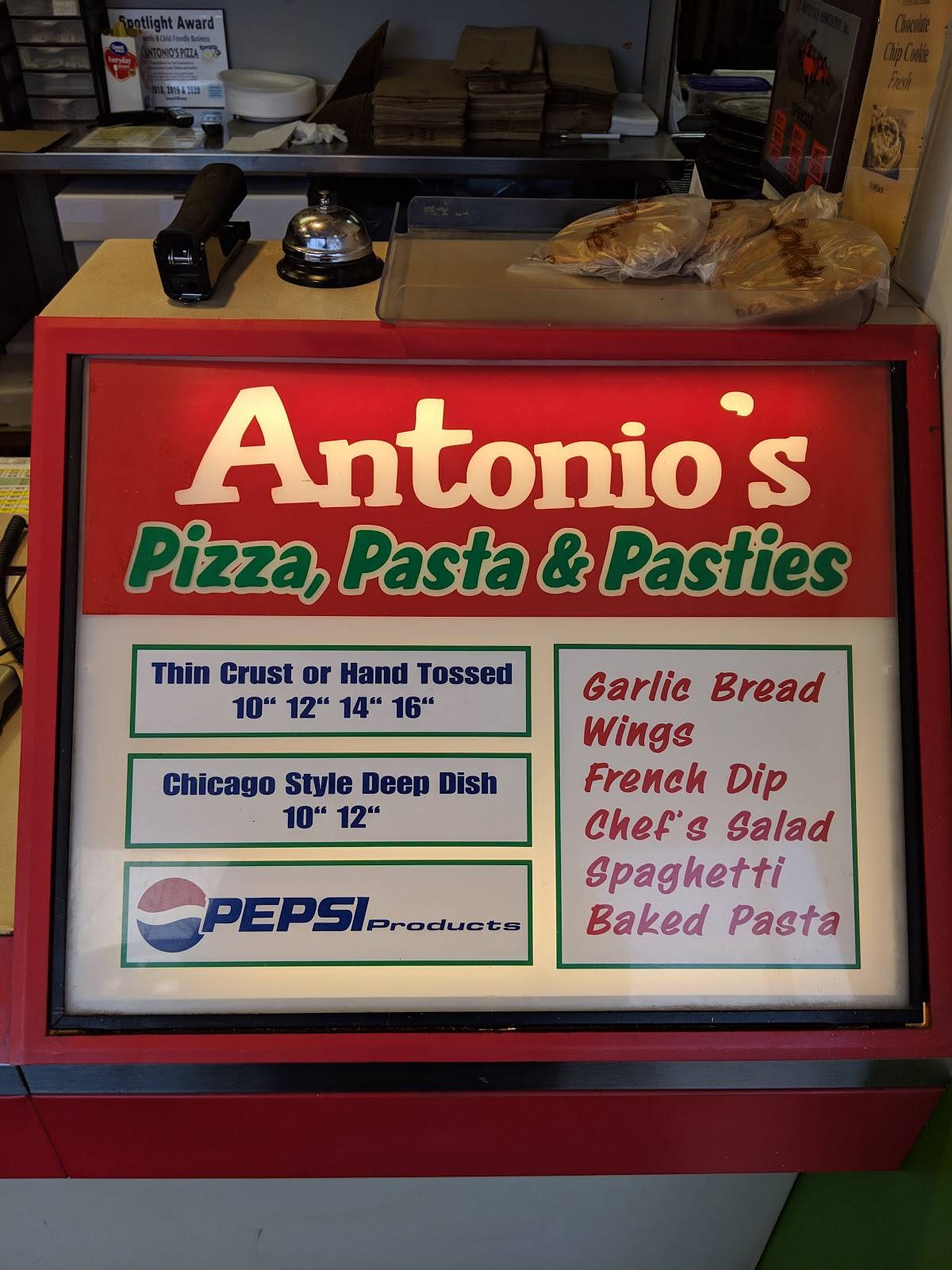 Menu at Antonio's pizzeria, Iron Mountain