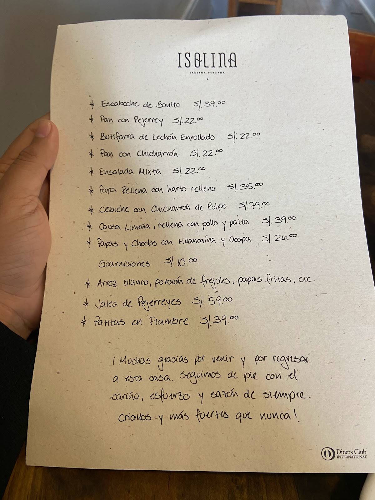 Carta del restaurante Isolina Taberna Peruana, Barranco